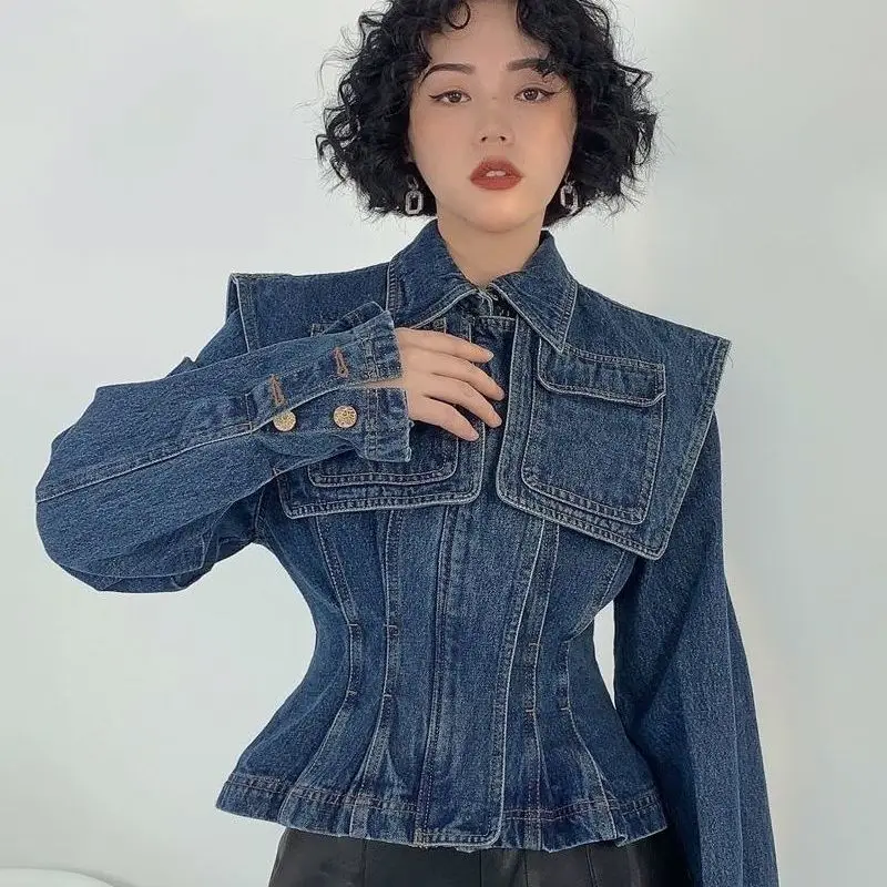 Fashion Stylish Polo Neck Denim Jacket for Women Autumn Korean Style ...