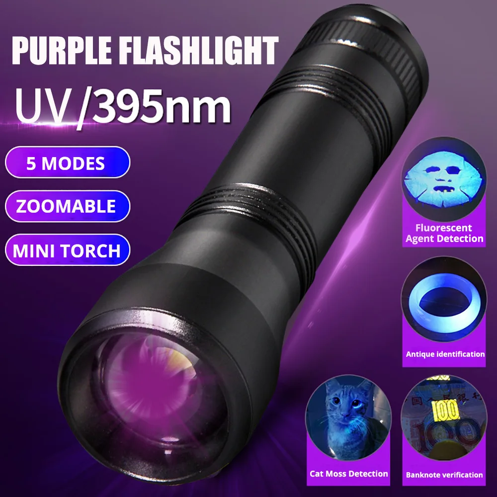 LED UV Flashlight Purple Flashlights Ultraviolet Torch Zoom 395nm Lamp Fluorescent Agent ...