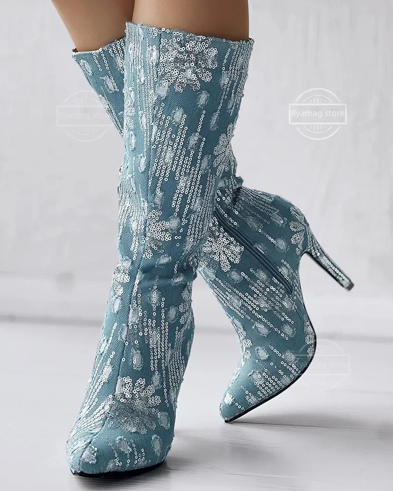 Boots-Women-s-Sequin-Snowflake-Pattern-Stiletto-Heel-Denim-Boots-High ...