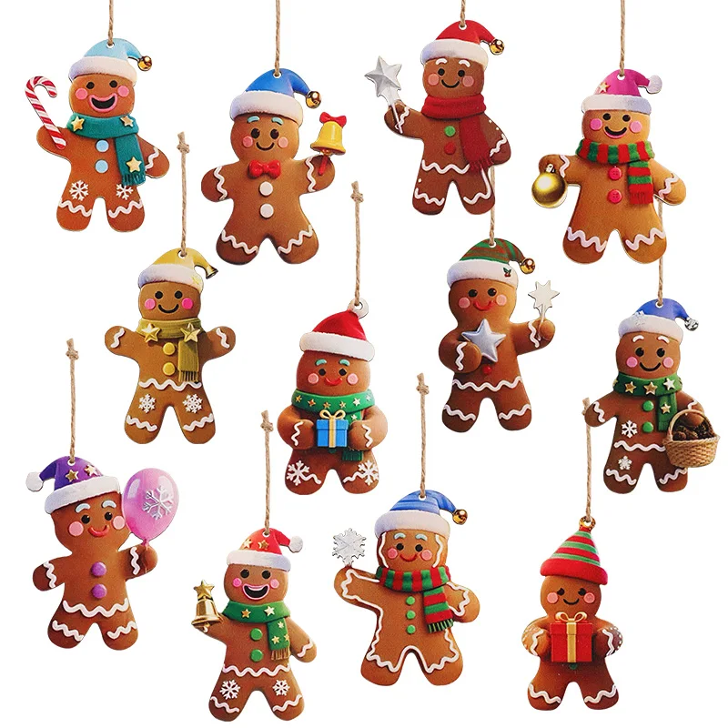 12/24Pcs Christmas Wooden Gingerbread Man Pendant Merry Christmas Decor ...