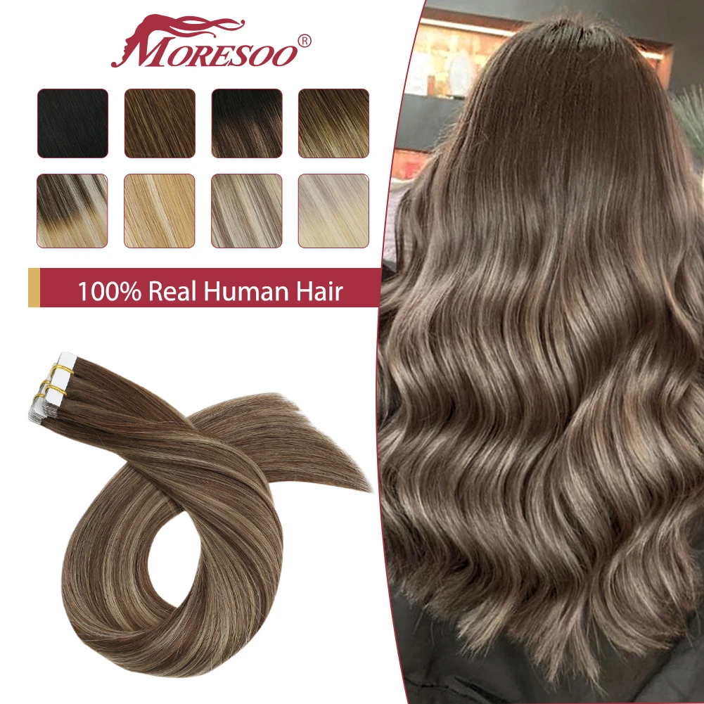 Moresoo Tape in Hair Extension Balayage Ombre Machine Remy Real Human ...