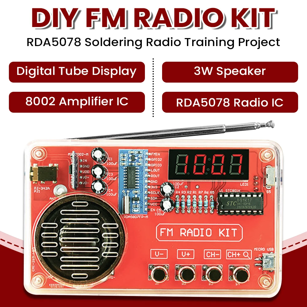 DIY-FM-Radio-Electronic-Kit-50-108MHz-Adjustable-IC-RDA5807-with-LED ...