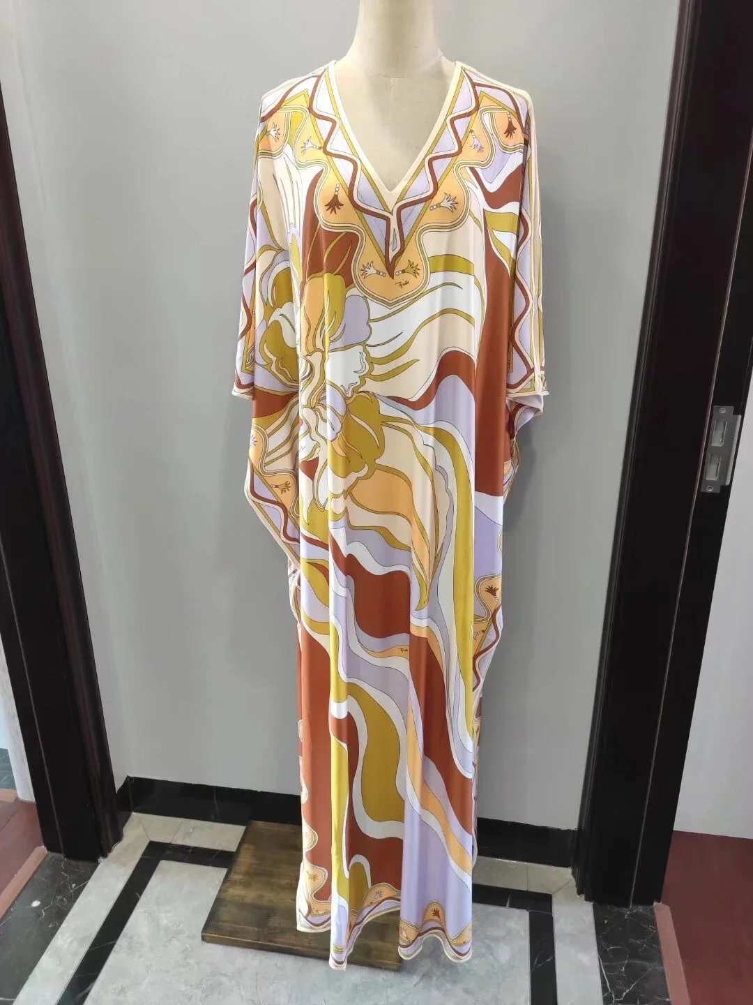 Middle-East-Large-V-neck-Loose-Boho-Dress-Gold-Elastic-Knitting-Travel ...