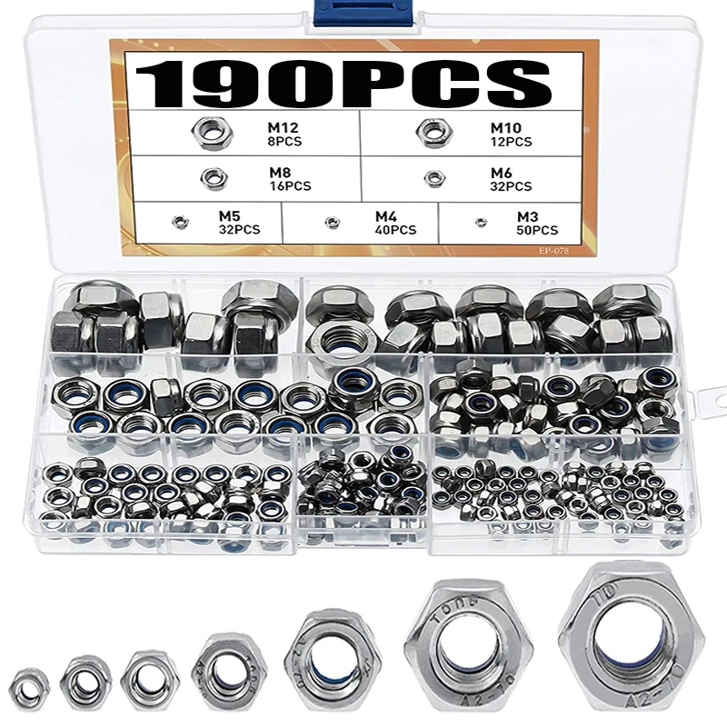 Electrapick-Lock-Nuts-190-Pieces-Hexagon-Nuts-Stainless-Steel-Nylon ...