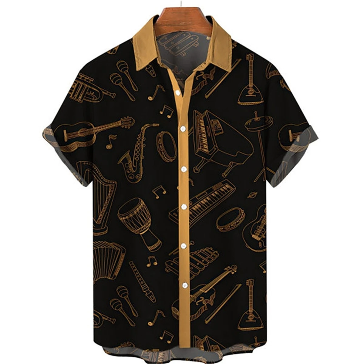 Hawaiian men's short-sleeved shirt dark gold musical instrument print ...