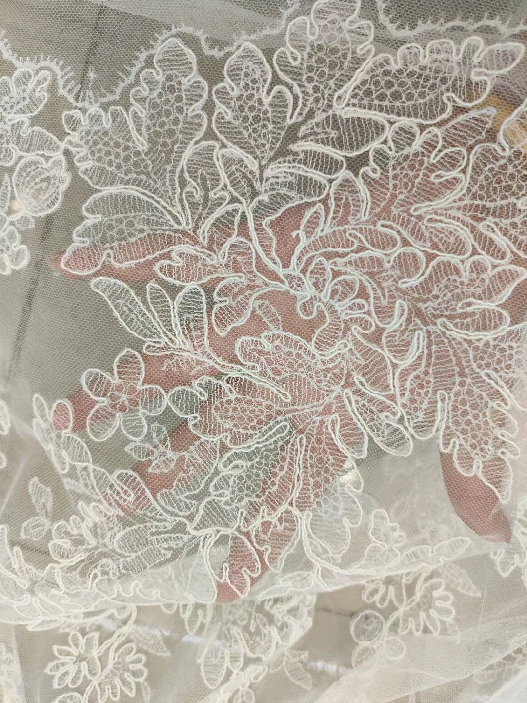 Off White Cording Embroidery Flower Tulle Mesh Lace Fabric Wedding Gown ...