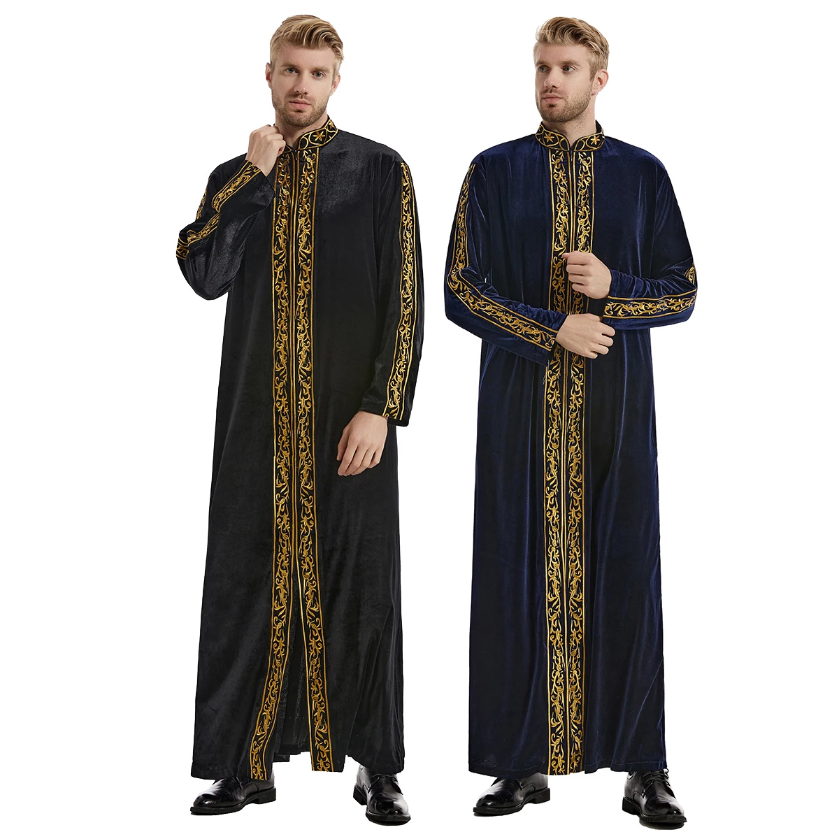 Men's Muslim Stand Collar Embroidery Ramadan Thobe with Long Sleeves ...