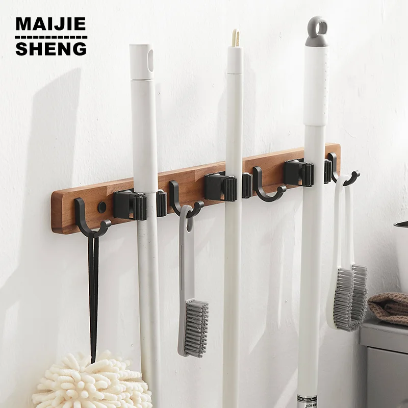 Broom and Mop Holder Wall Mounted Organizer Storage Tool Racks Wood ...