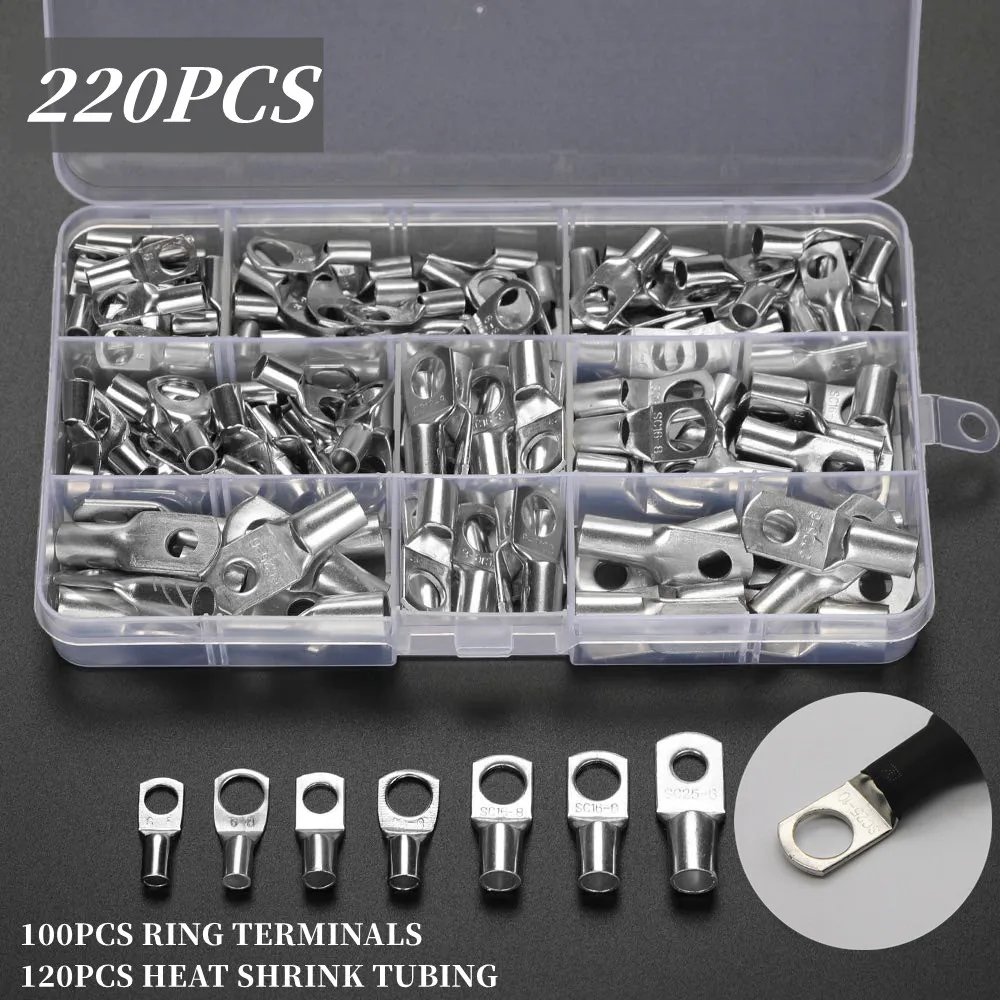 220PCS SC Bare Copper Terminals Assortment Lug Tinned Tube Ring Seal ...