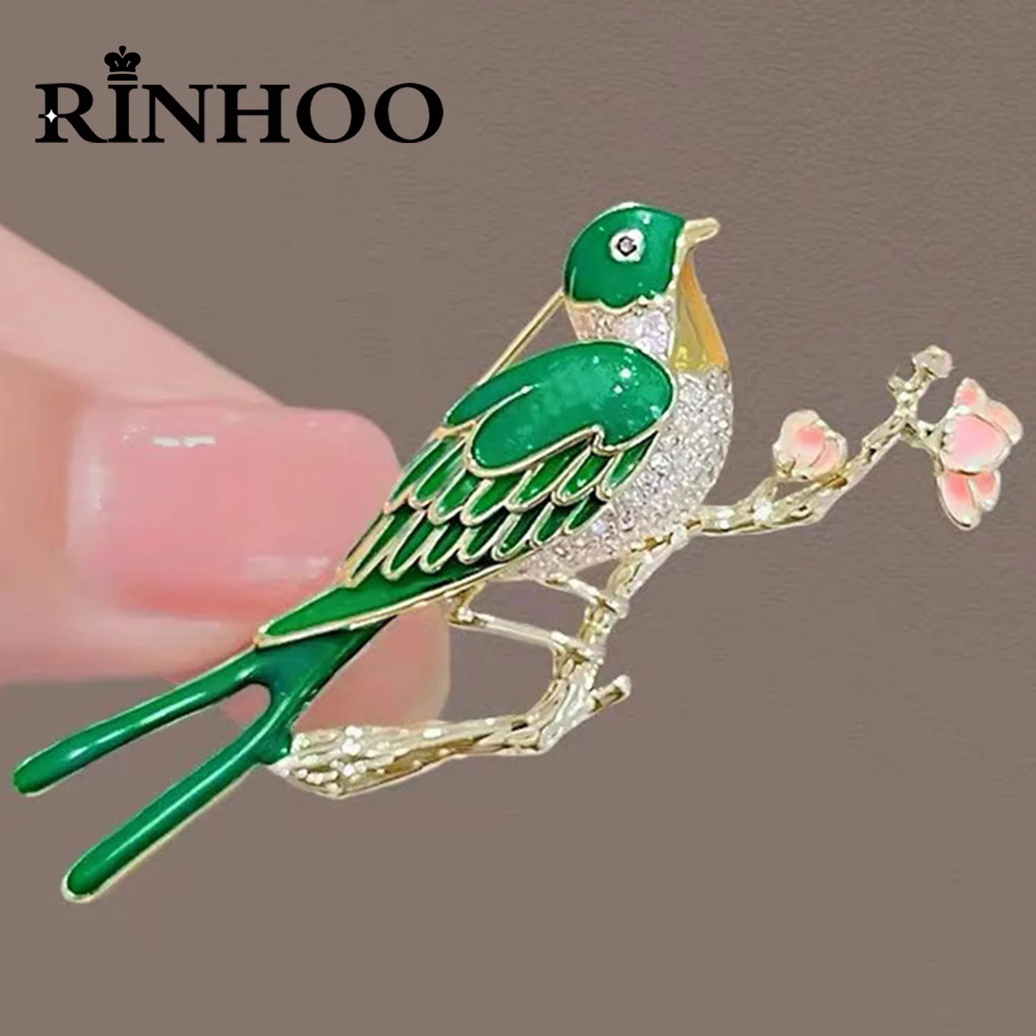 Rinhoo Green Enamel Birds Sitting On Flower Branches Brooches For Women Delicate Animal Plant ...
