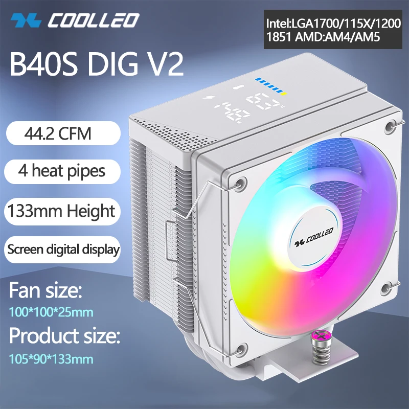 COOLLEO B40S DIG V2 4 Heat Pipes CPU Cooler Intelligent Temperature ...