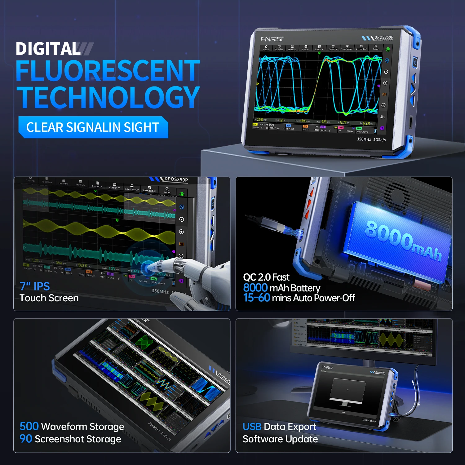 FNIRSI DPOS350P 4-in-1 Tablet 2CH Handheld Oscilloscope 350MHz, 7 ...