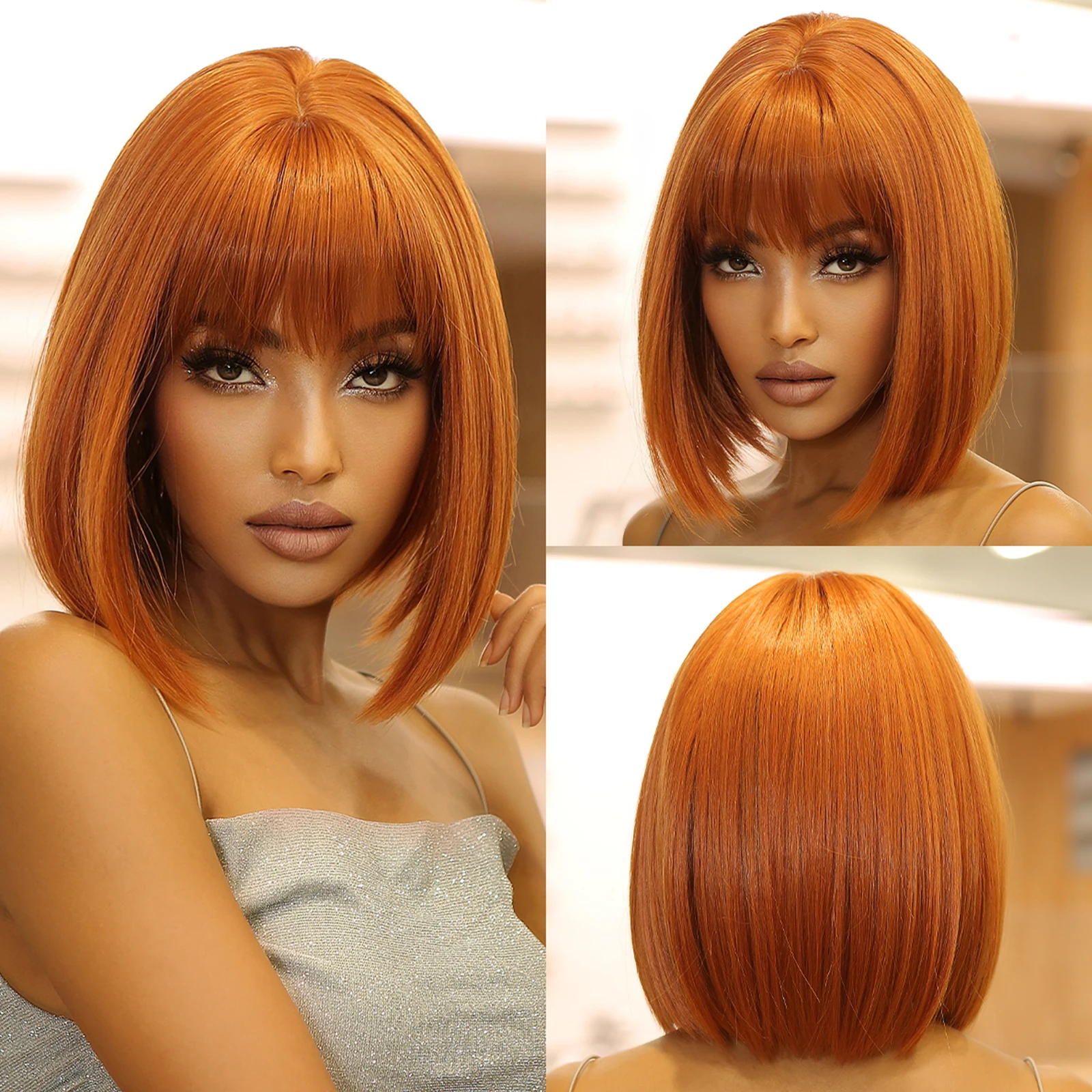 Short-Straight-Synthetic-Wigs-Ginger-Brown-Bob-Wigs-with-Bangs-for ...