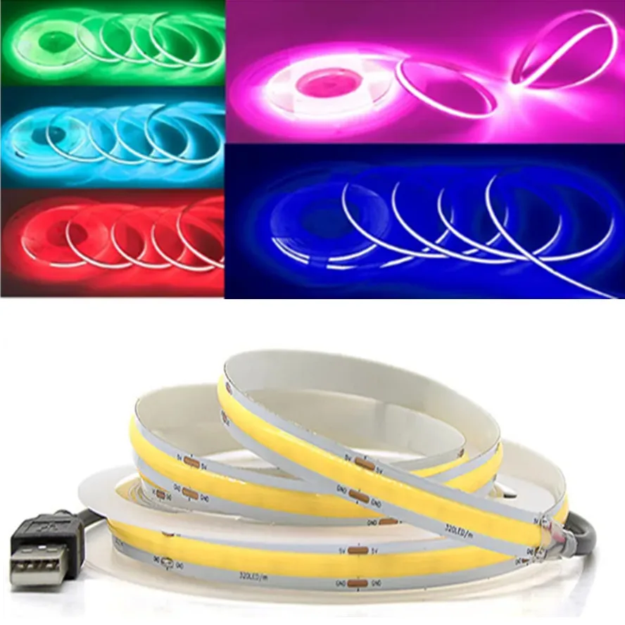 USB COB Strip DC 5V 320Leds/M LED Strip Red/Pink/White/Ice Blue/Yellow ...