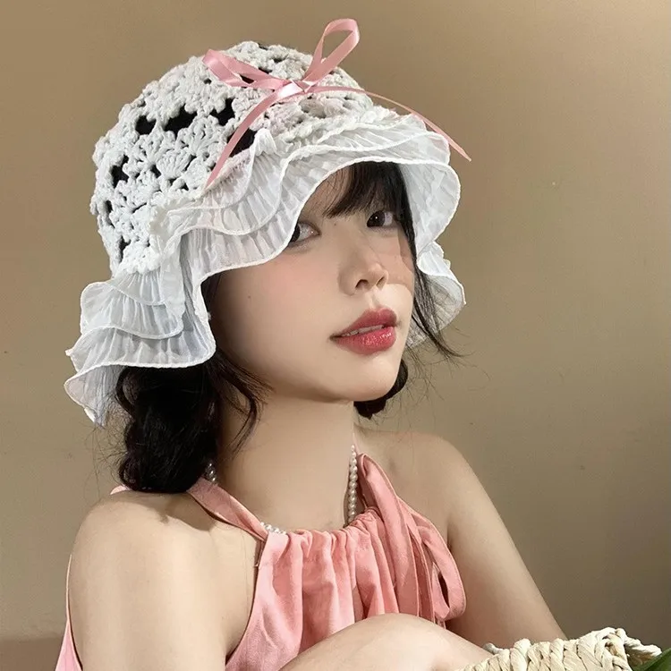 Summer Spring Cap Women's Kawaii Hat Sweet Knitted Hollowed Out Bow Hat ...