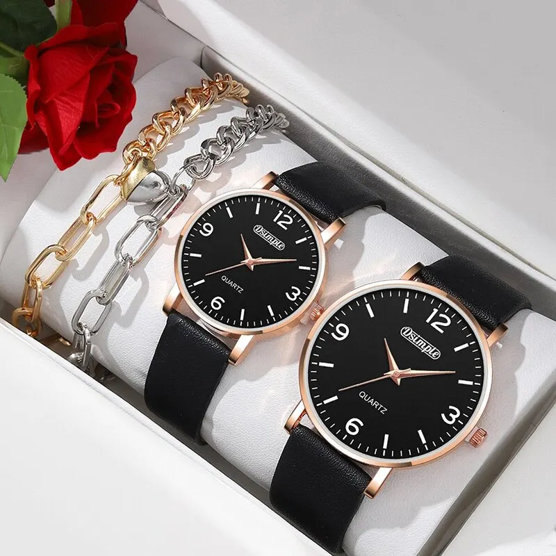 4pcs-Couple-Quartz-Wristwatch-Set-Couple-Fashion-Black-Leather-Strap ...