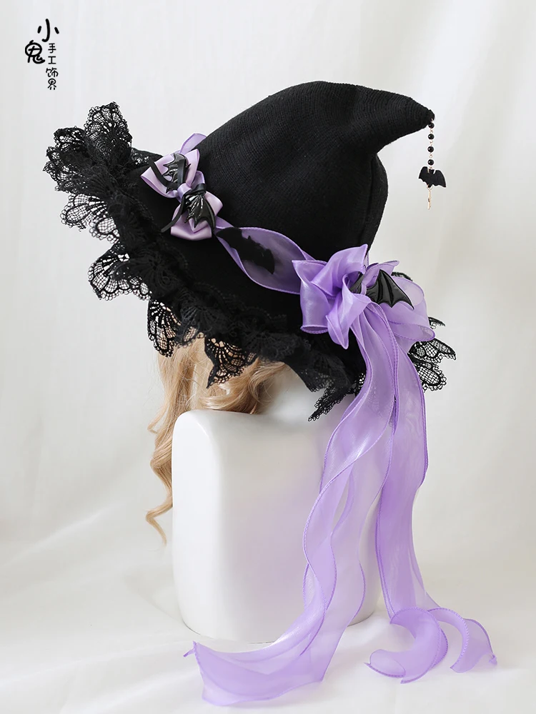 Sombrero-de-bruja-de-Halloween-de-encaje-de-lana-con-lazo-del-diablo ...