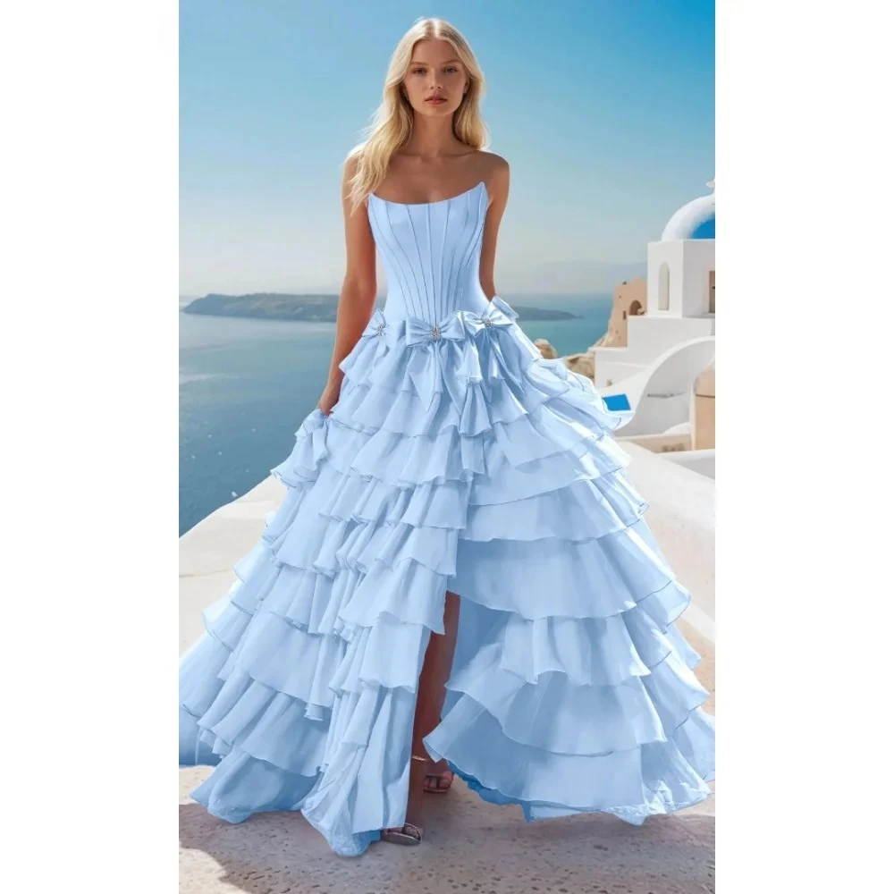 Blue Prom Dress Multi-Layered Extravagant robes de soirée Side Slit ...