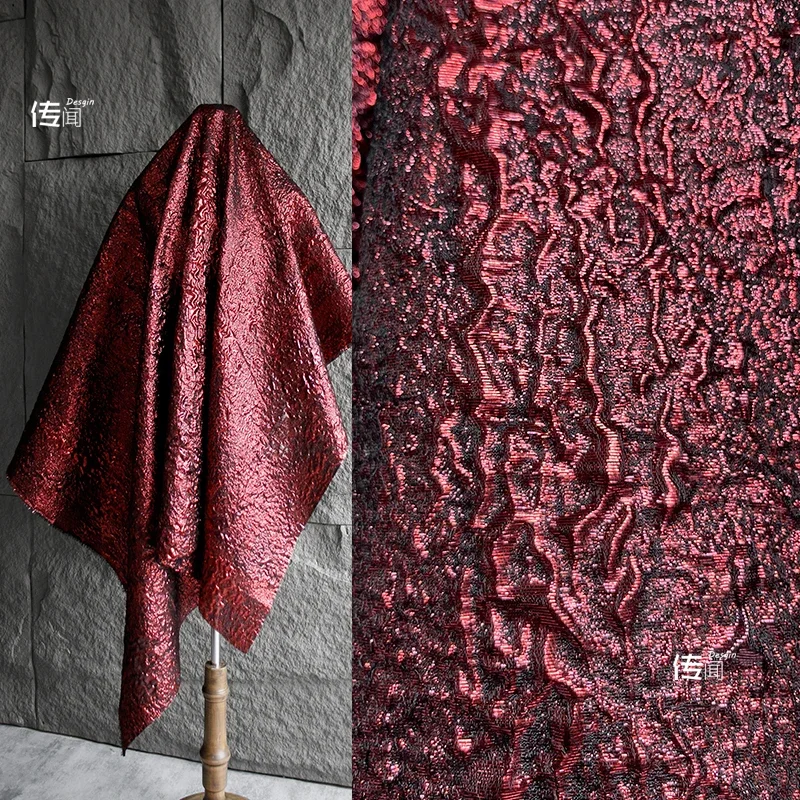 Dark-Red-Jacquard-Fabric-Pleated-Outer-Garment-Designer-Fabric-Retro ...