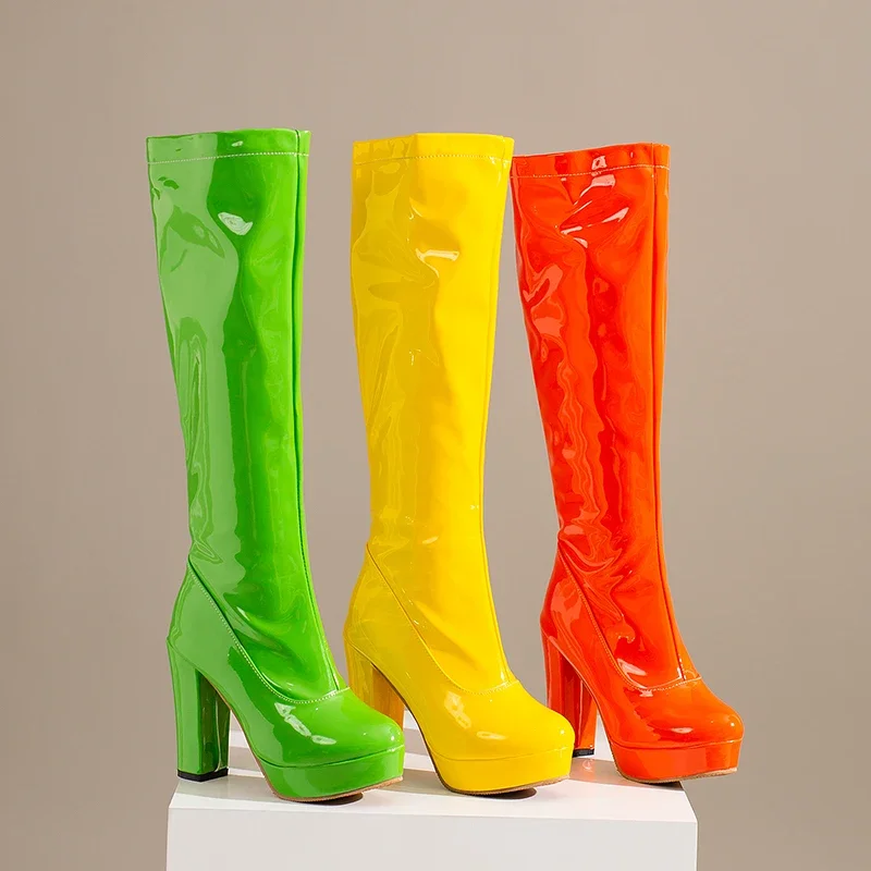 Size 48 Knee High Boots Women 2022 Patent Leather Chunky Thick Heels ...