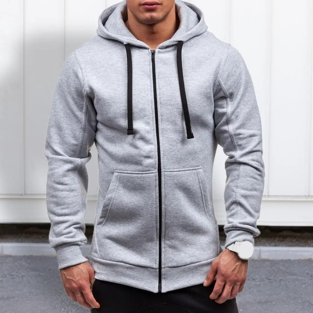 Men Hoodie Zipper Placket Long Sleeve Hooded Hat Soft Elastic Cuff Warm ...