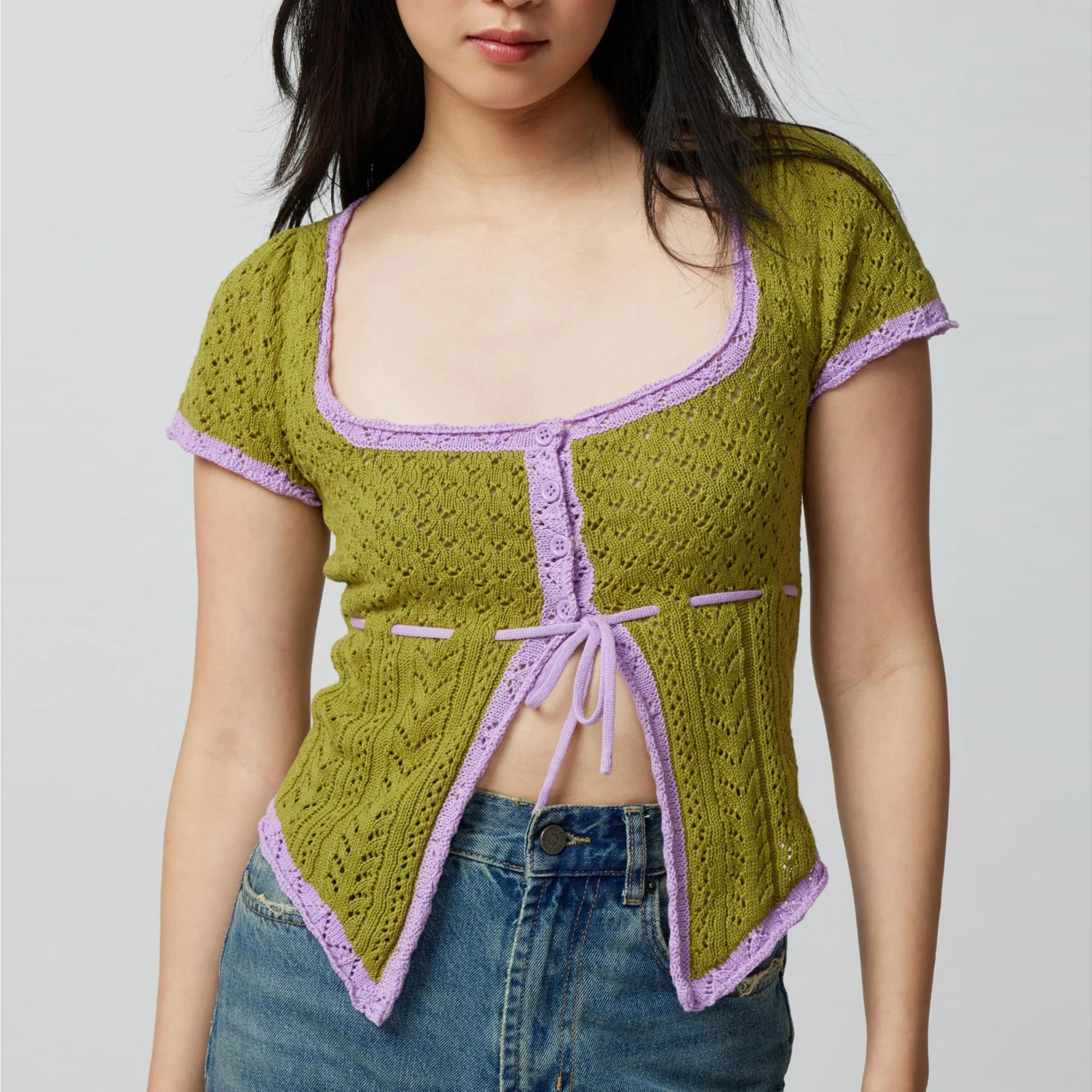 Women-s-Fashion-Knit-Tops-Contrast-Color-Square-Neck-Short-Sleeve-T ...
