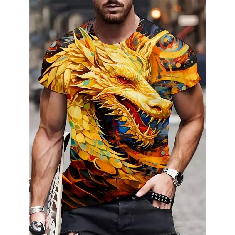 Vintage Chinese Loong Pattern T-Shirt For Men Dragon Skull 3D Printed T ...