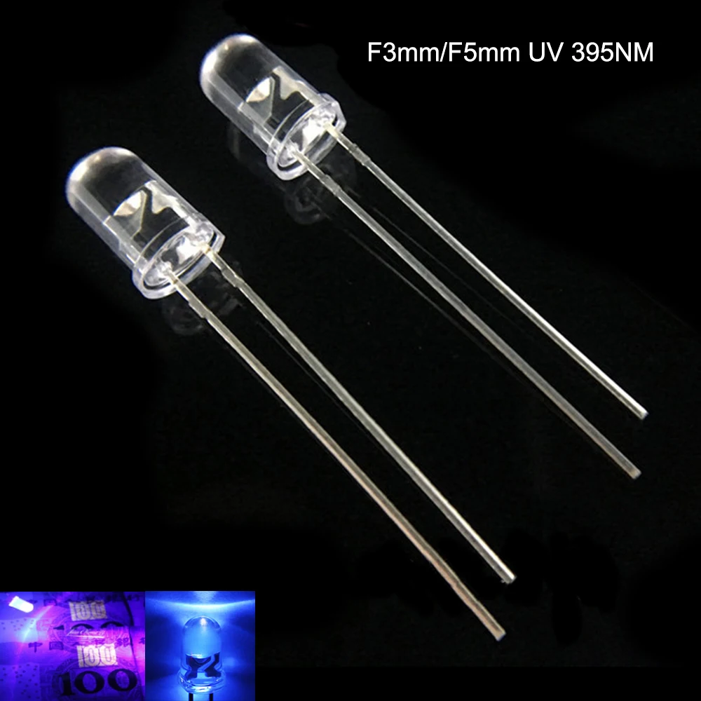 100PCS-UV-LED-Diode-DIP-3mm-5mm-Diodes-Clear-UV-395nm-LED-Ultraviolet ...