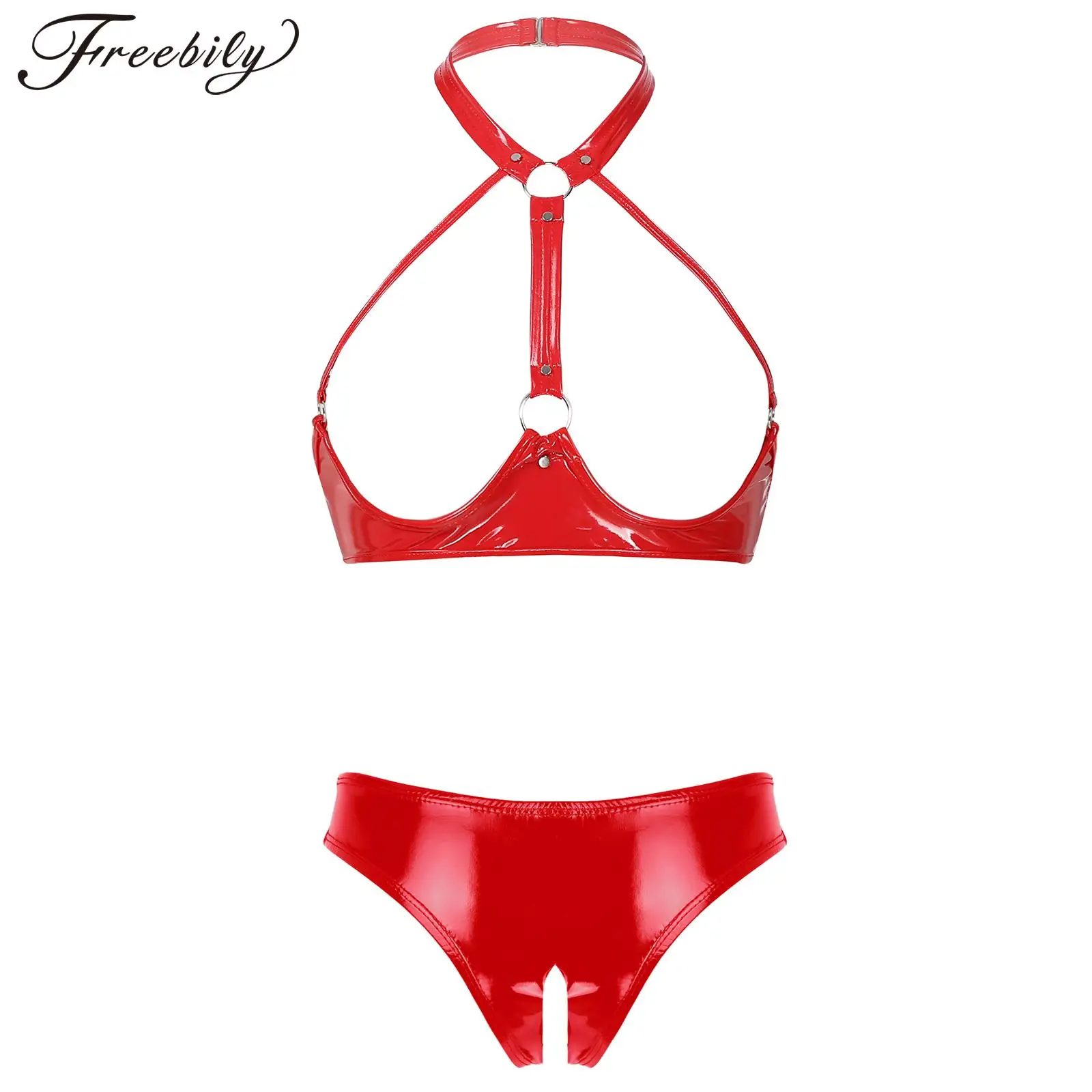 Womens Wet Look Patent Leather Lingerie Set Sexy Halter Neck Open Cups