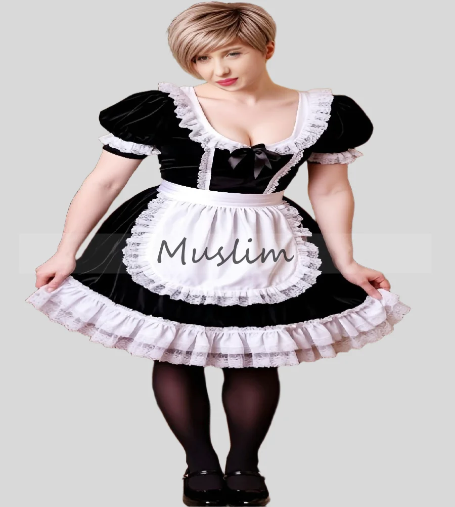 Sexy Black And White Maid Dress With Apron Scoop Neck Velvet Evening ...