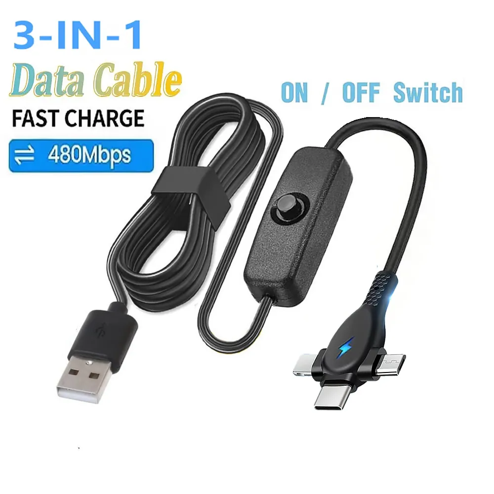 3 In 1 Fast Charger Cable with On/Off Switch Type C Data Cord Micro Usb ...