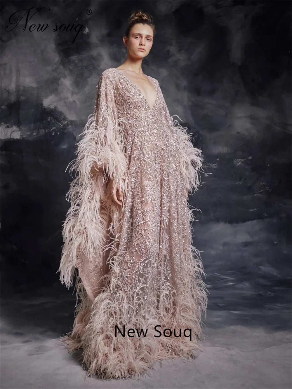 Middle-East-Glitter-Feathers-Prom-Dresses-Kaftans-Long-Cape-Sleeves ...