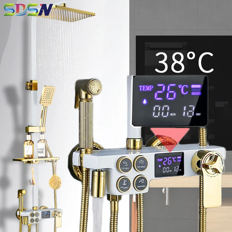 White-Gold-Thermostatic-Shower-Set-LED-Screen-Display-Temperature ...