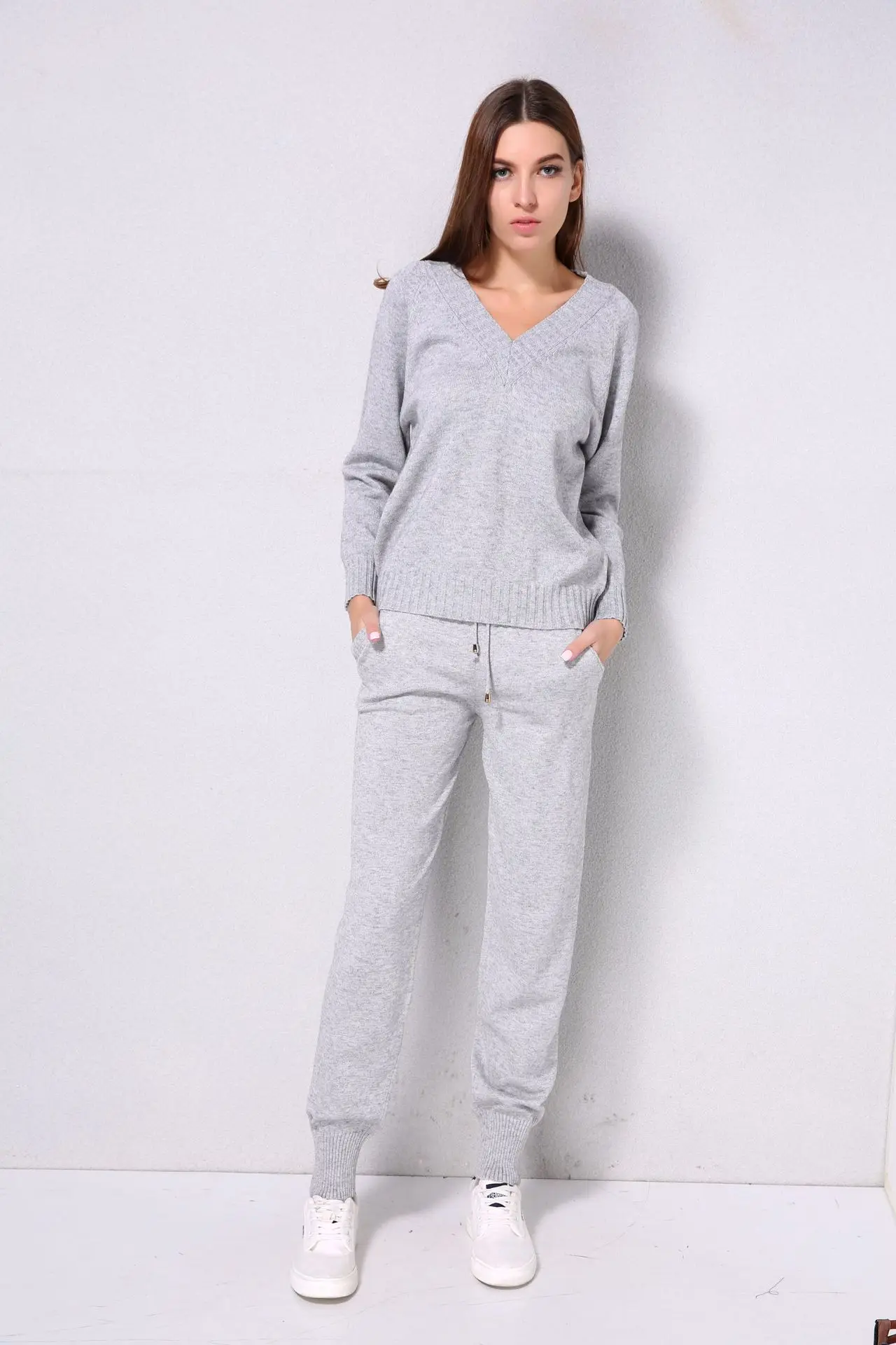 Knitted Set Women's Autumn winter Woolen and Cashmere Knitted Suit V ...