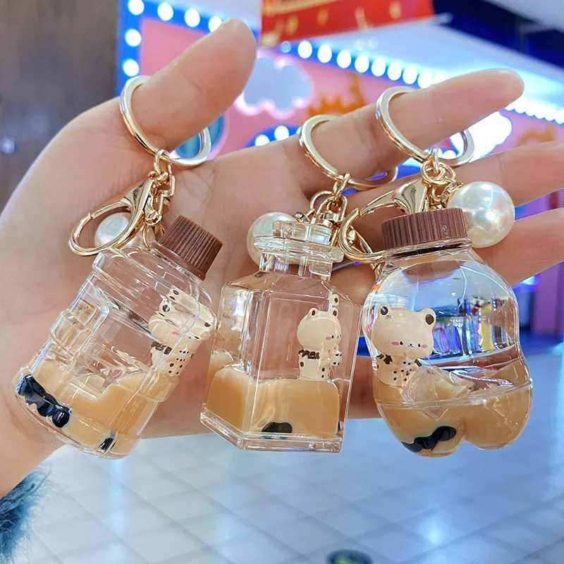 Cute Liquid Oil Pearl Milk Tea Bear Floating Liquid Keychains For Woman ...