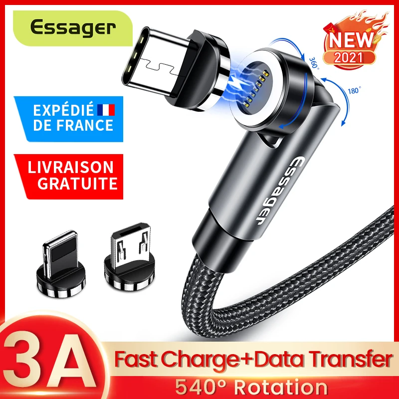 Essager – Câble Magnétique Rotatif 540 Micro Usb Type C, Charge Rapide 3 A, Pour Téléphone ...