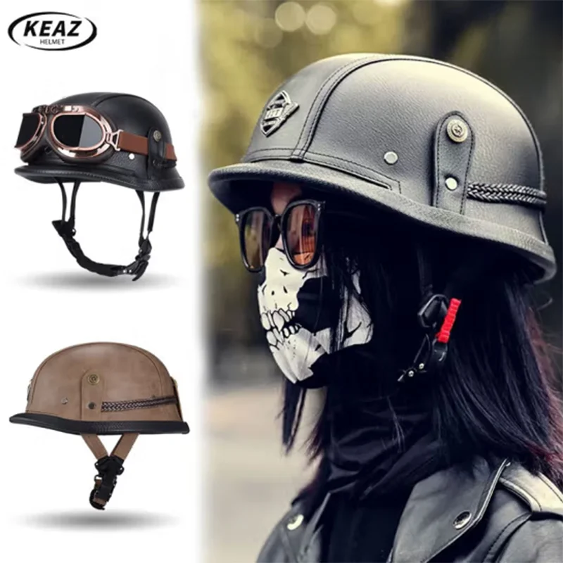 Classical-German-Style-Leather-Women-and-Men-Half-Face-Motorcycle ...