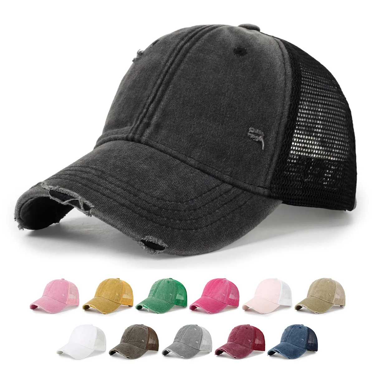 Washed-Cotton-Mesh-Breathable-Baseball-Cap-Made-Old-Ripped-Light-Board ...