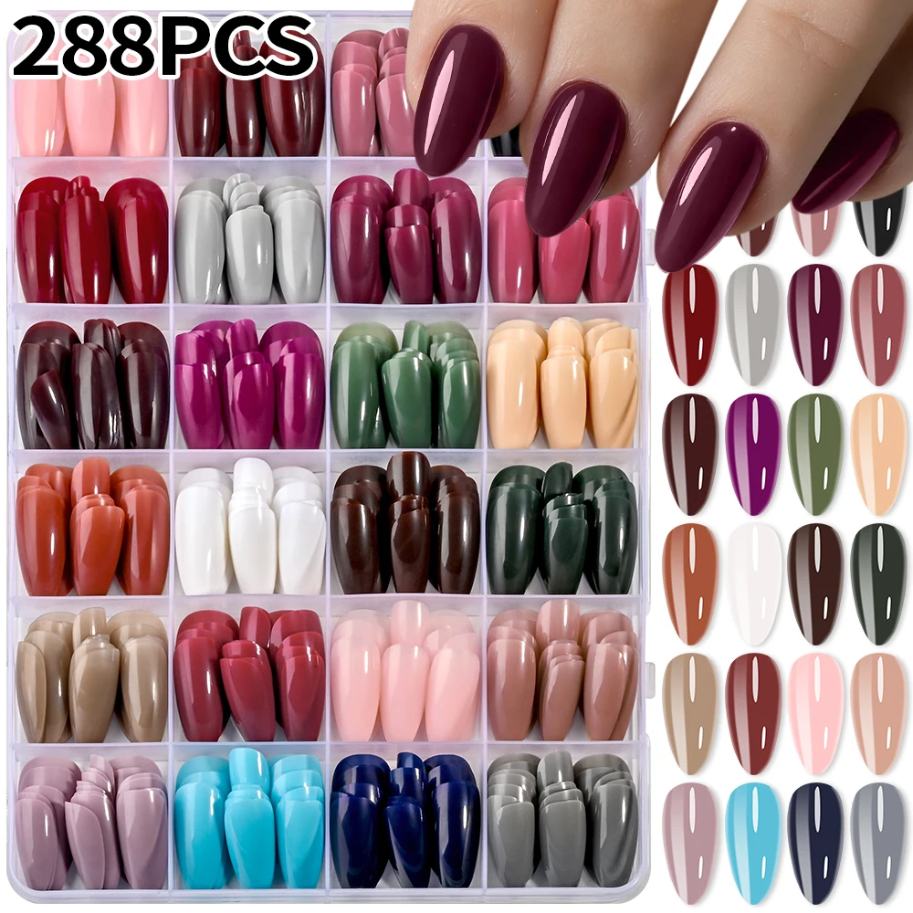 288Pcs Medium Almond False Nails Mixed Colors Acrylic Full Cover Fake ...