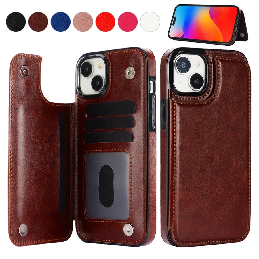 Double Button Flip Wallet Slot Protection Leather Case For iPhone 16 ...