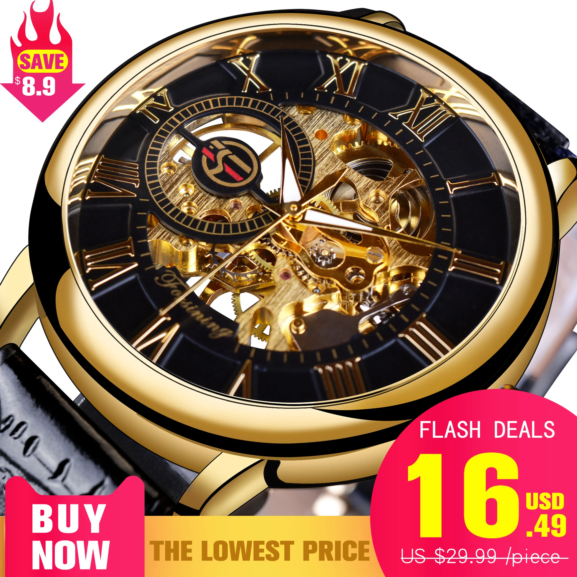 Forsining 3d Logo Design Hollow Engraving Black Gold Case Leather ...