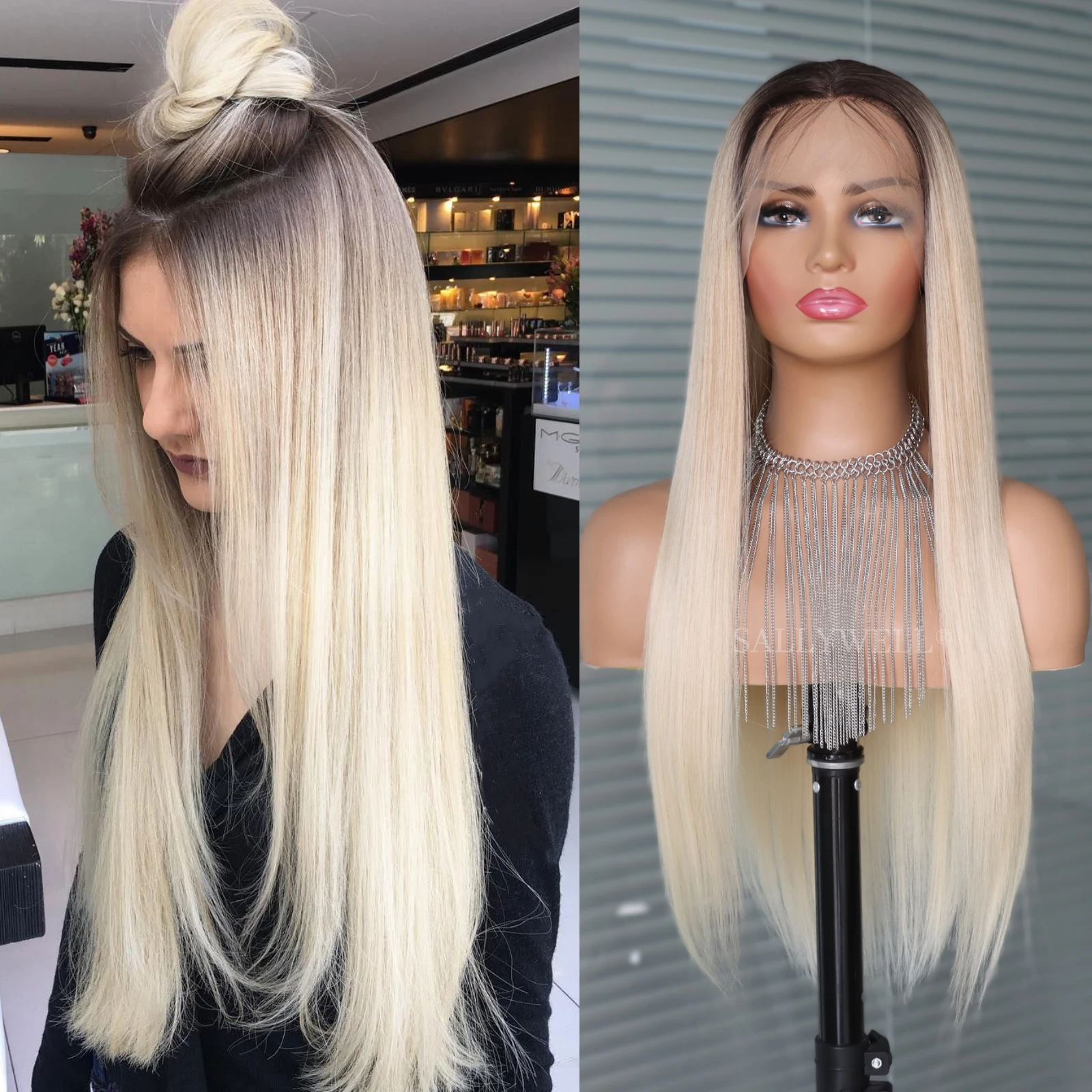 13X4-Lace-Front-Blonde-Color-Wig-Straight-Gradient-Wig-Layered-Synthetic-Hair-Wig-with-Dark ...