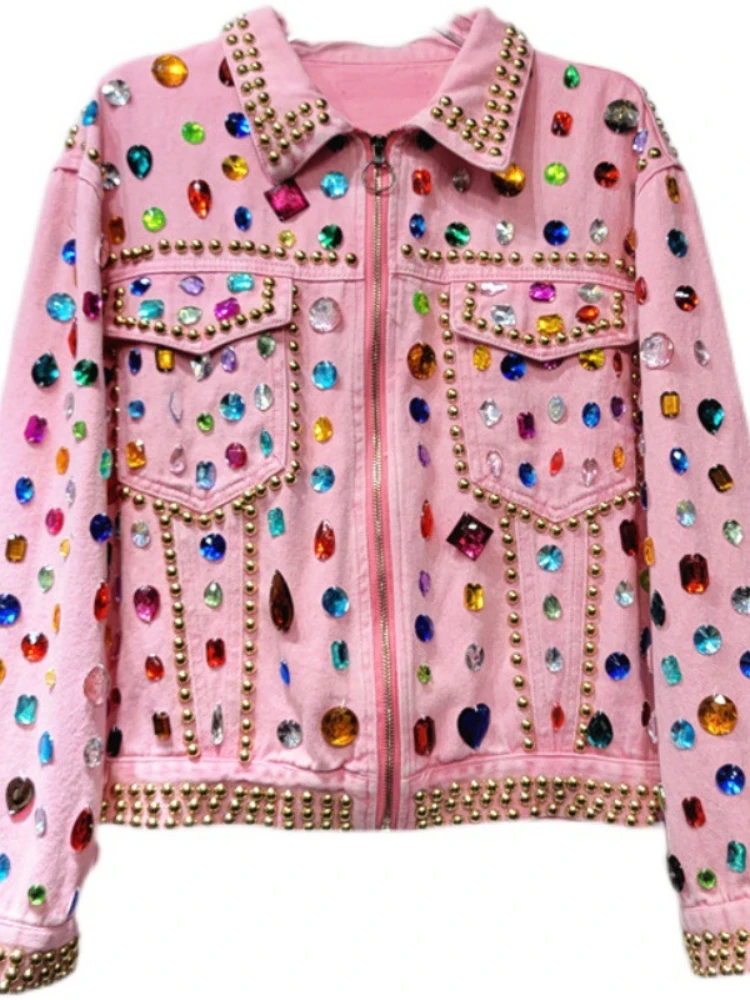 Women-Rainbow-Diamonds-Beaded-Pink-Denim-Coat-Loose-Rhinestones-Jeans ...