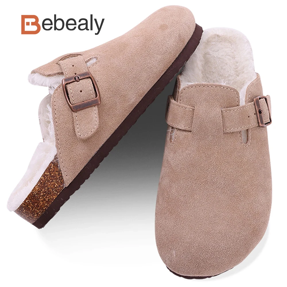 Bebealy-Boston-Fur-Slippers-For-Women-Winter-Cork-Footbed-Mules ...