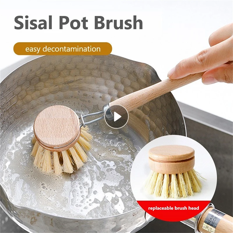 Wooden Long Handle Cleaning Brush Kitchen Pan Pot Bowl Tableware Brush ...
