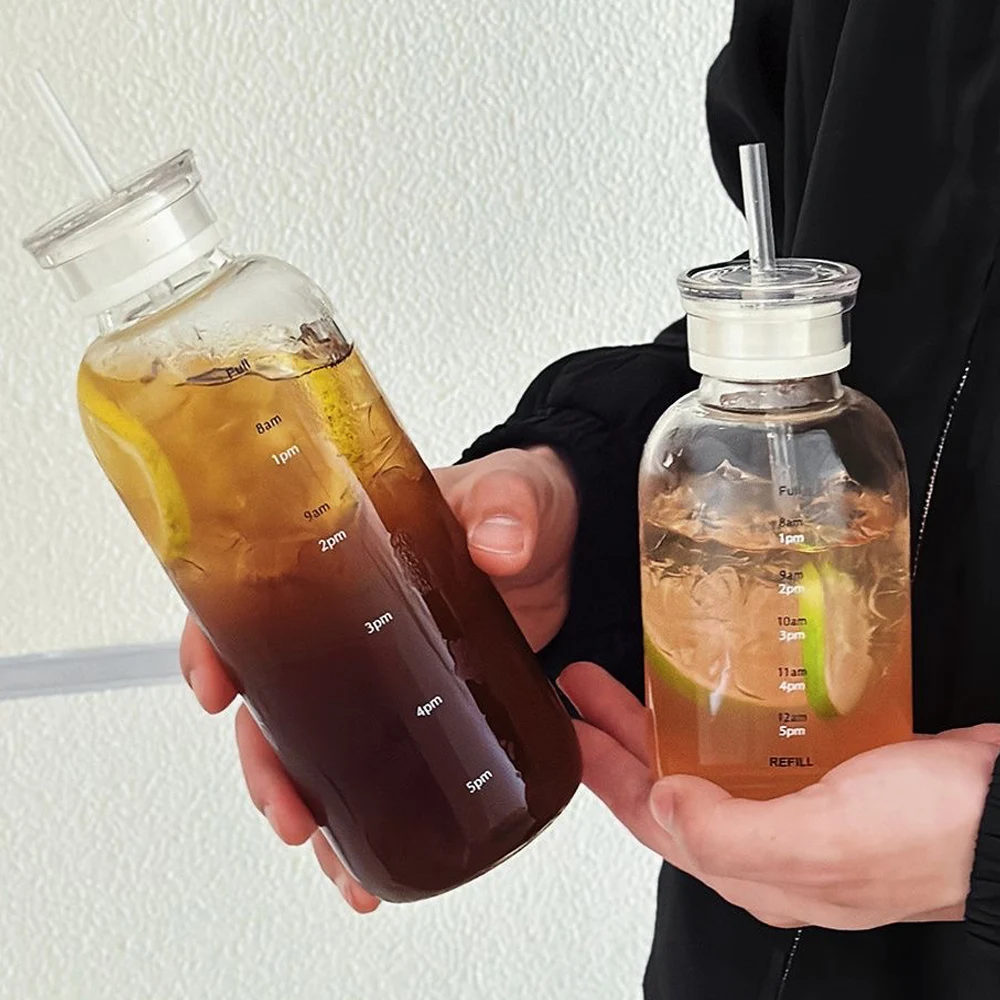 350ml-550ml-Glass-Water-Bottle-With-Time-Marker-Transparent-Glass-Cup-With-Lid-And-Straw ...