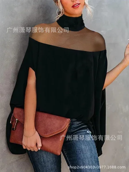 Mesh-Spring-Summer-Casual-Loose-Printed-Dolman-Sleeve-Top-European ...