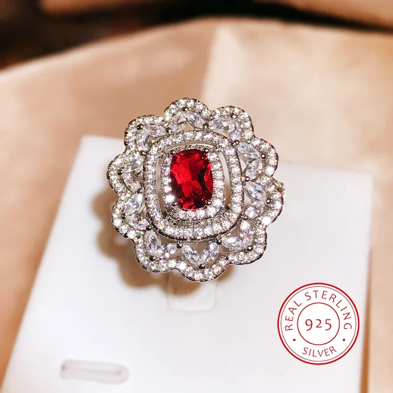 Luxury-Dark-Red-CZ-Rings-Women-Silver-Ring-Aesthetic-Flower-Design-Ring ...