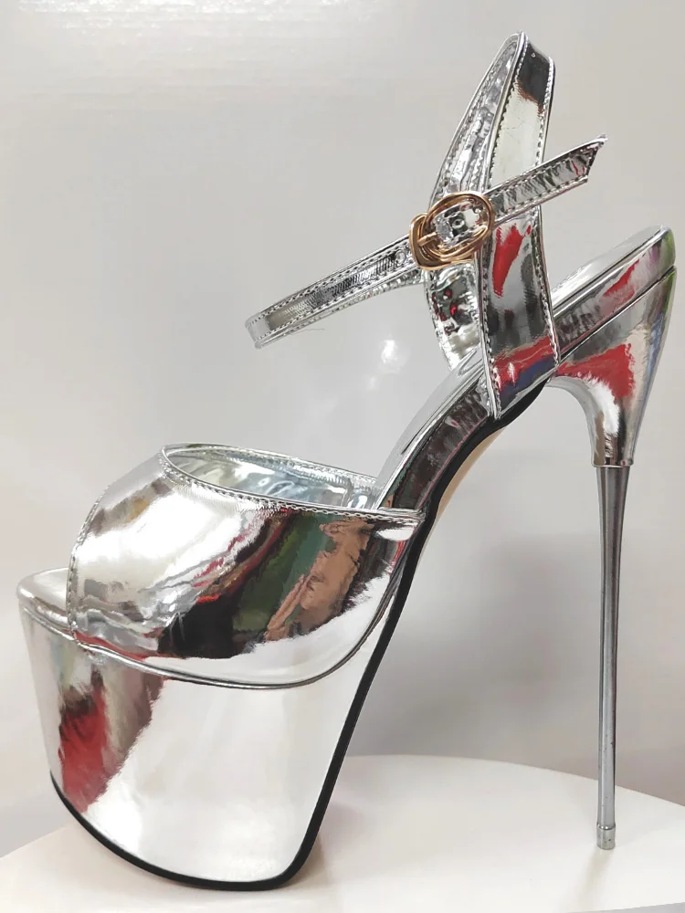 19/22cm Platform Sandals Shiny Metallic Silver High Heels Woman Extreme ...