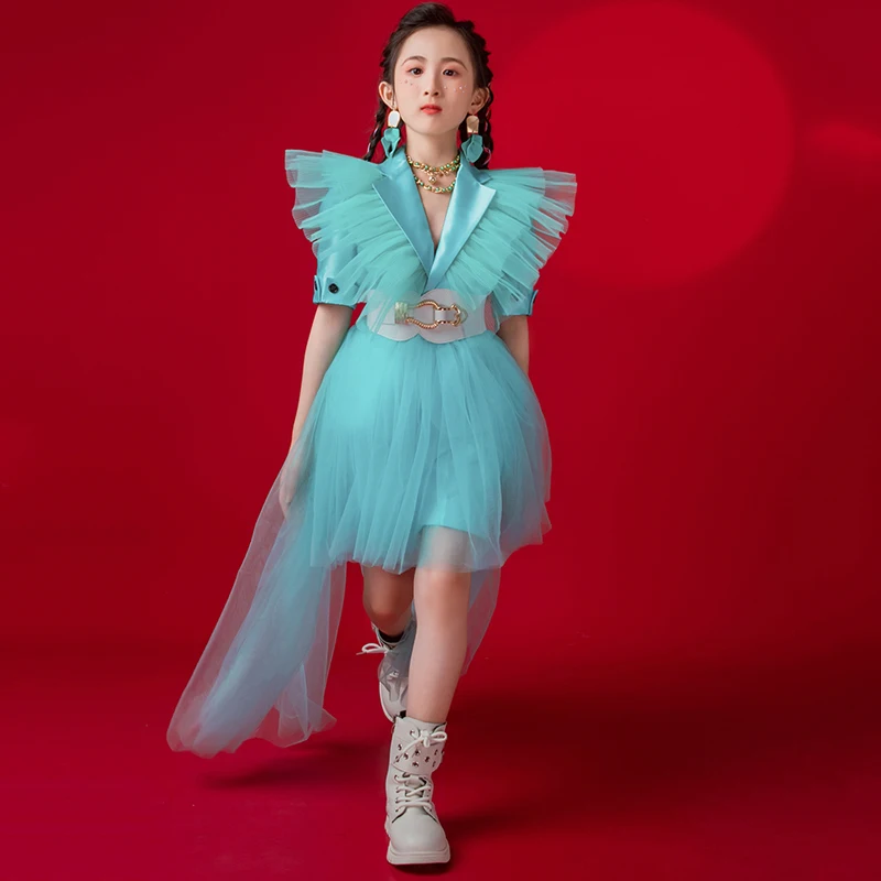 Children'S Catwalk Kpop Outfits Girls Mint Green Flying Mesh Shoulder ...